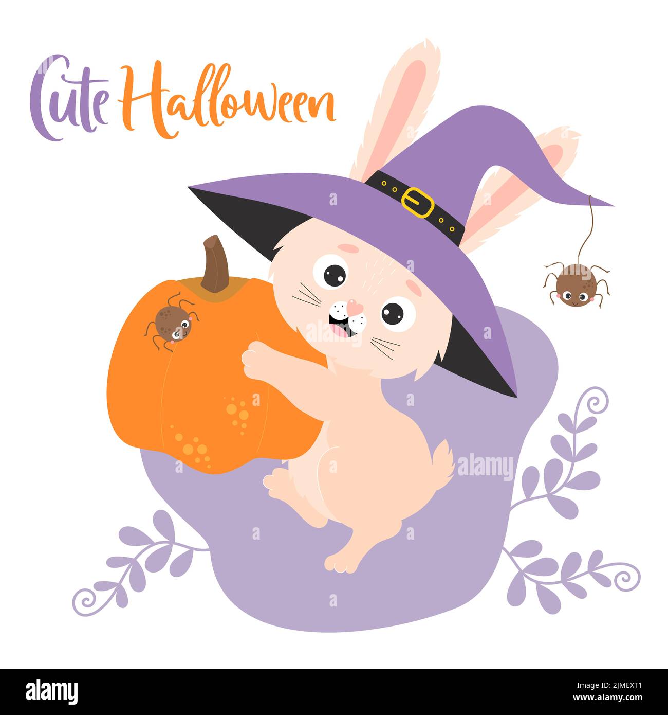 Poster cute Halloween. Funny rabbit in witchs hat with spider carries ...