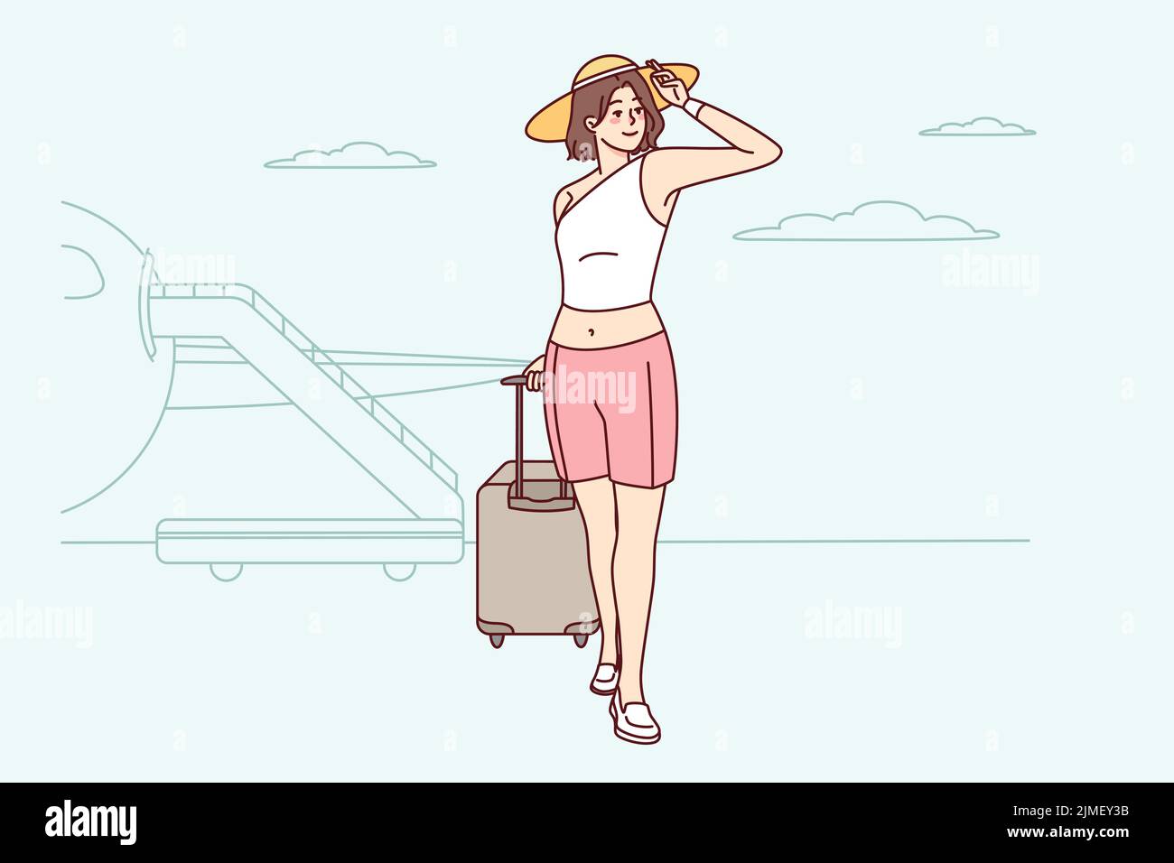 Happy Woman With Suitcase In Airport Ready For Summer Vacation Smiling