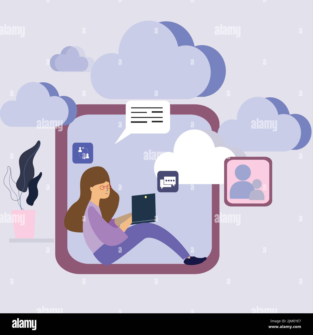 A vector image of a girl using her laptop to communicate with people ...