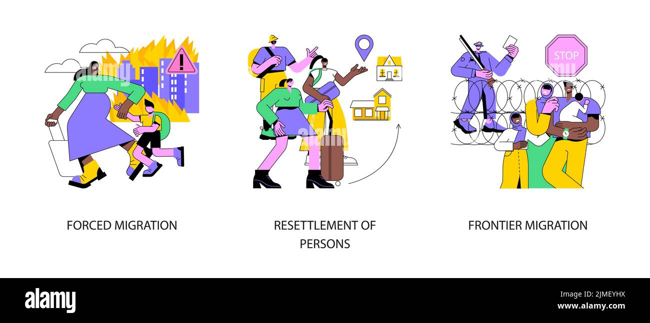 Moving abroad abstract concept vector illustration set. Forced ...