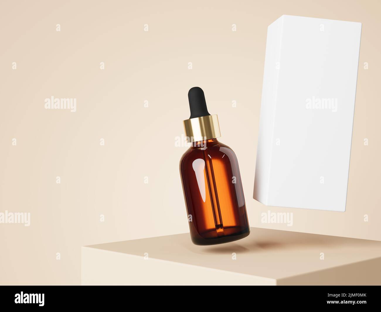 Cosmetic serum dropper brown glass bottle and white box on podium with ...