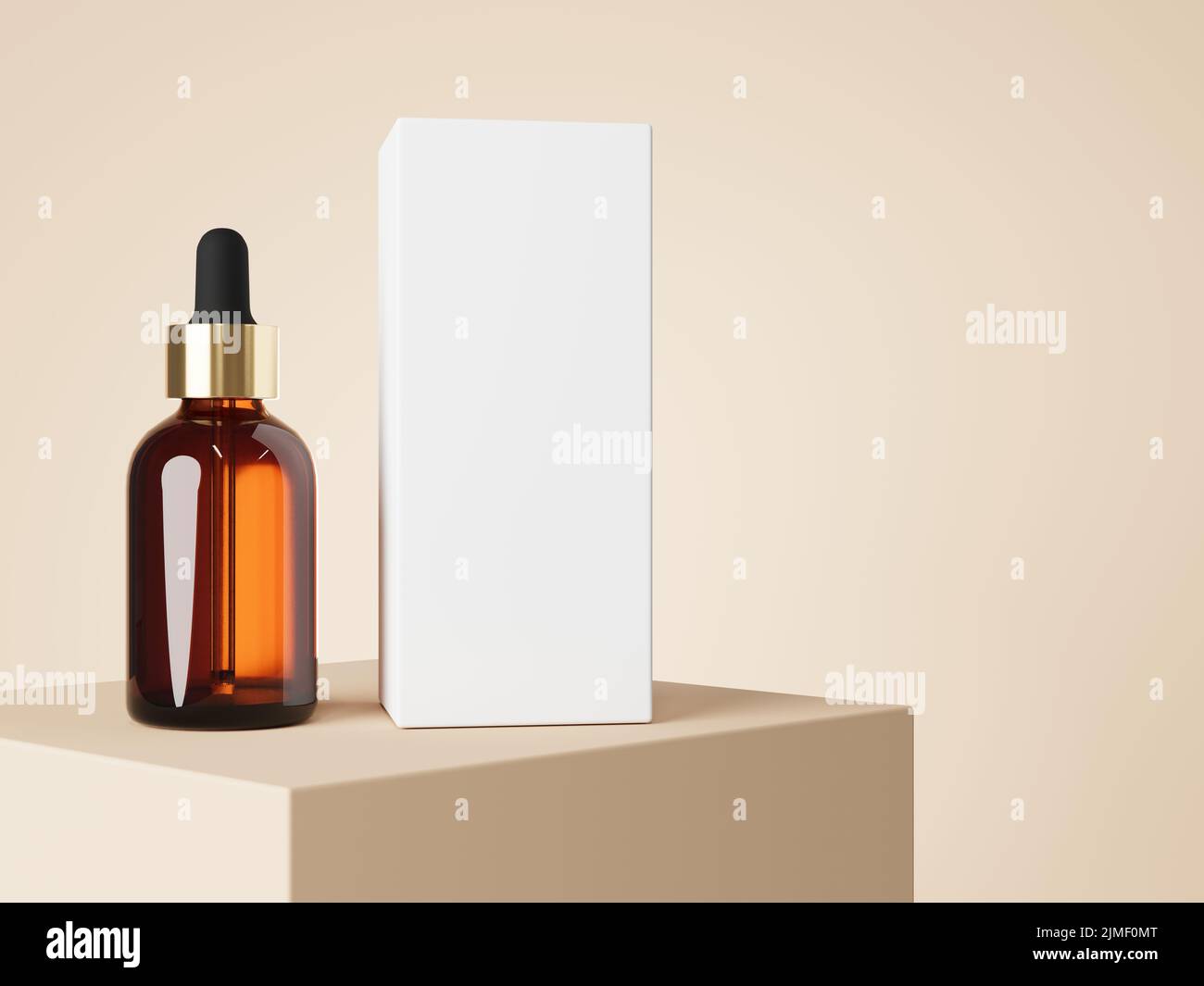 Cosmetic serum dropper brown glass bottle and white box on podium with ...