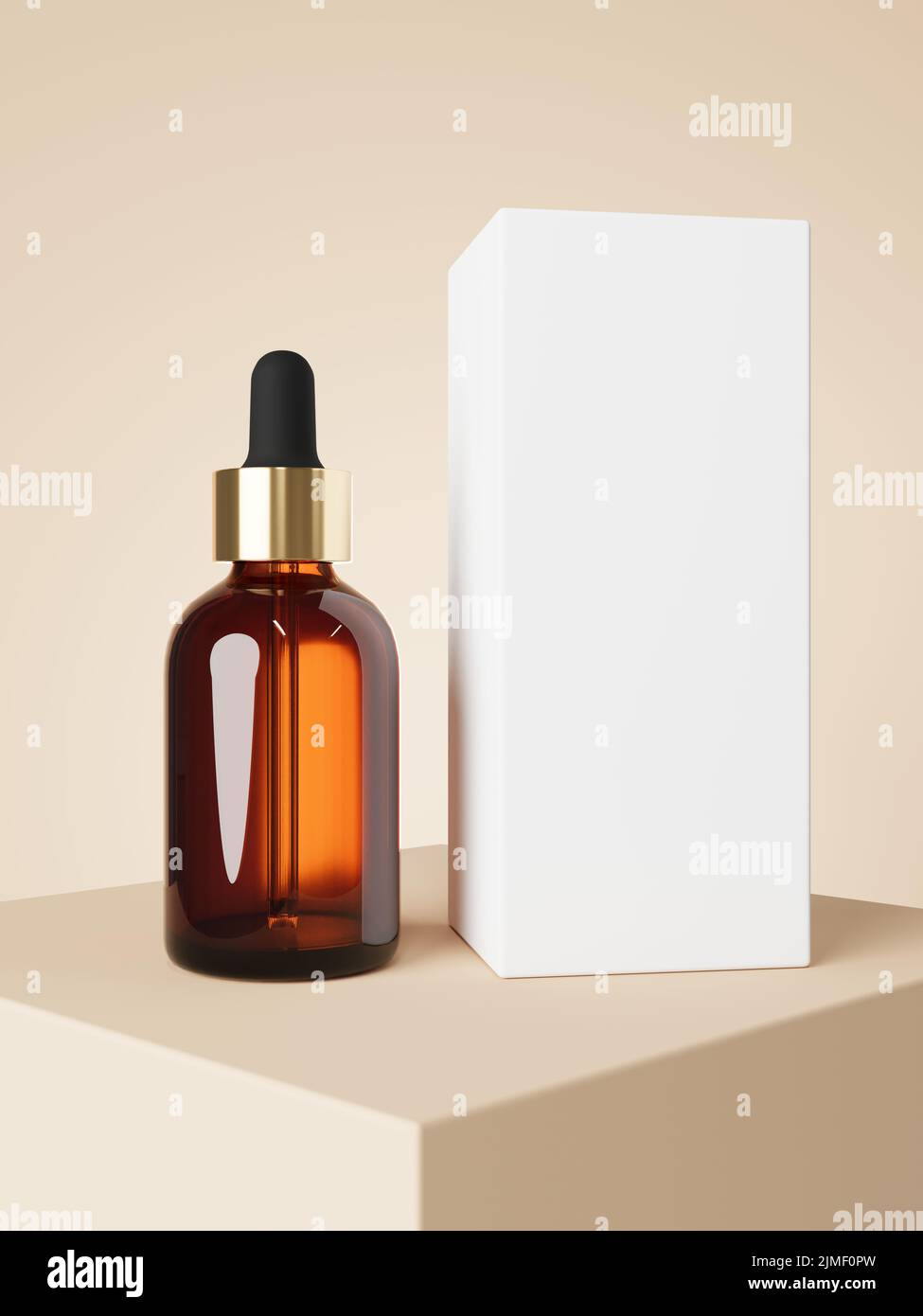 Cosmetic serum dropper brown glass bottle and white box on podium with ...