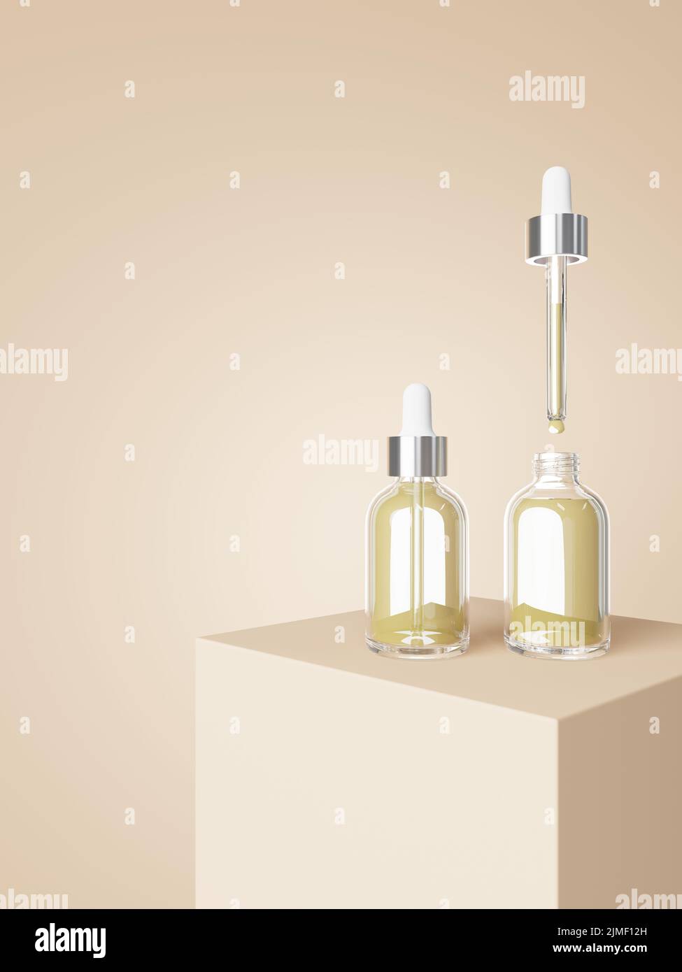 Cosmetic serum dropper bottles on podium with beige background 3D ...