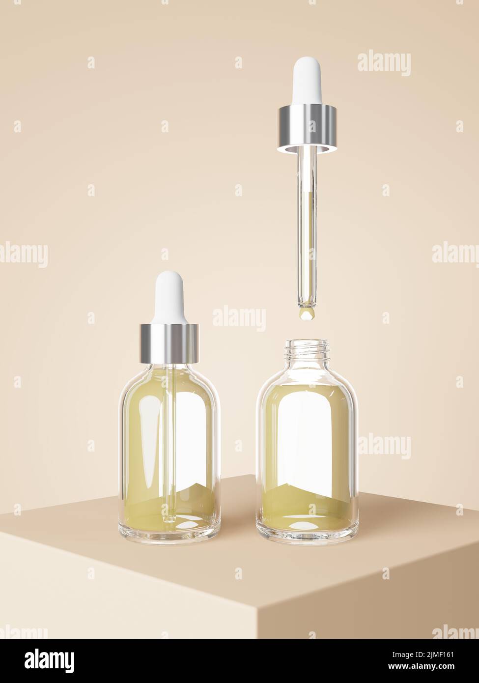 Cosmetic serum dropper bottles on podium with beige background 3D ...