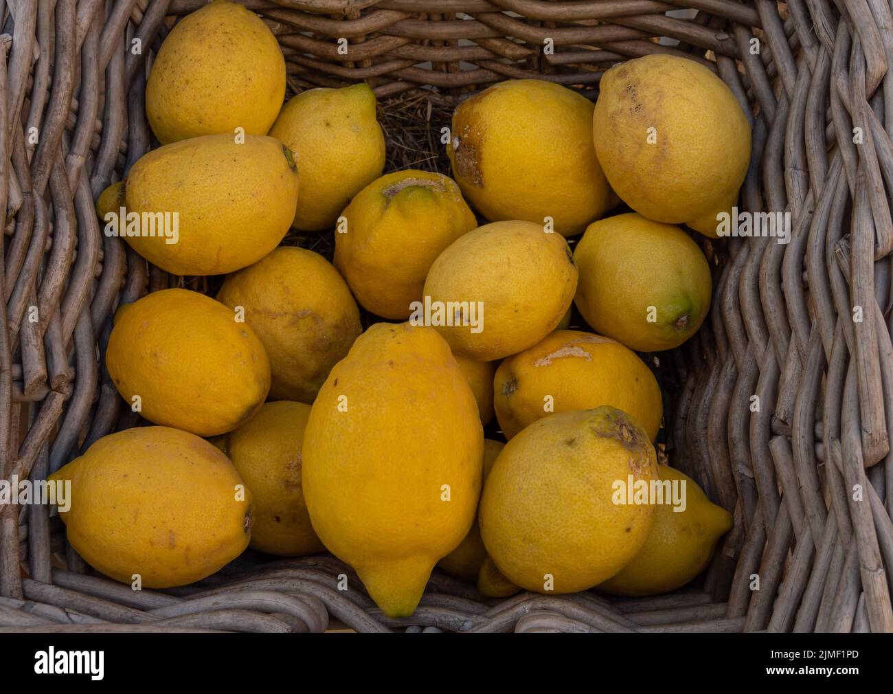 Lemons in a wicker basket, decorating a catering stand on the island of ...