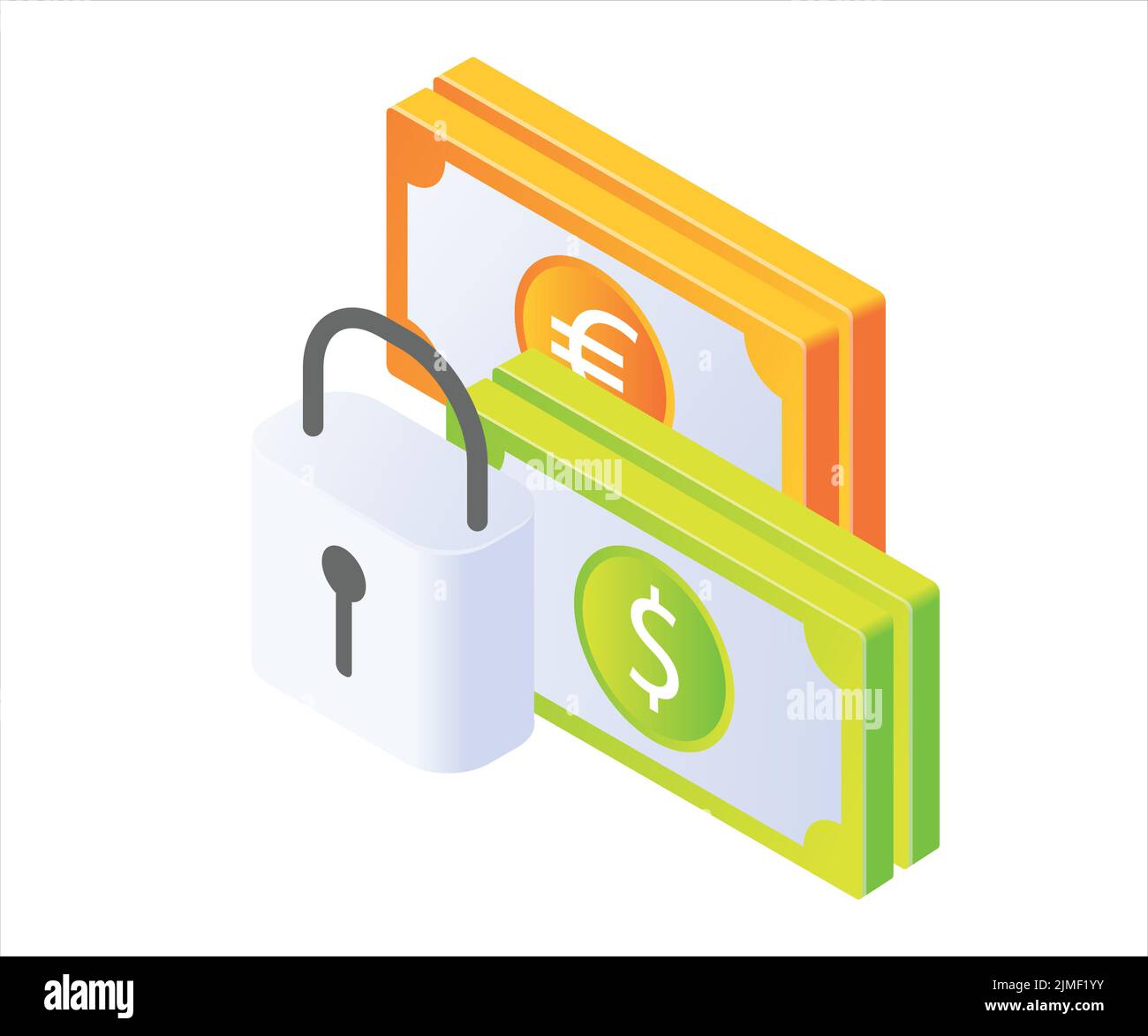 An illustration of a lock in front of money stacks - financial concept ...