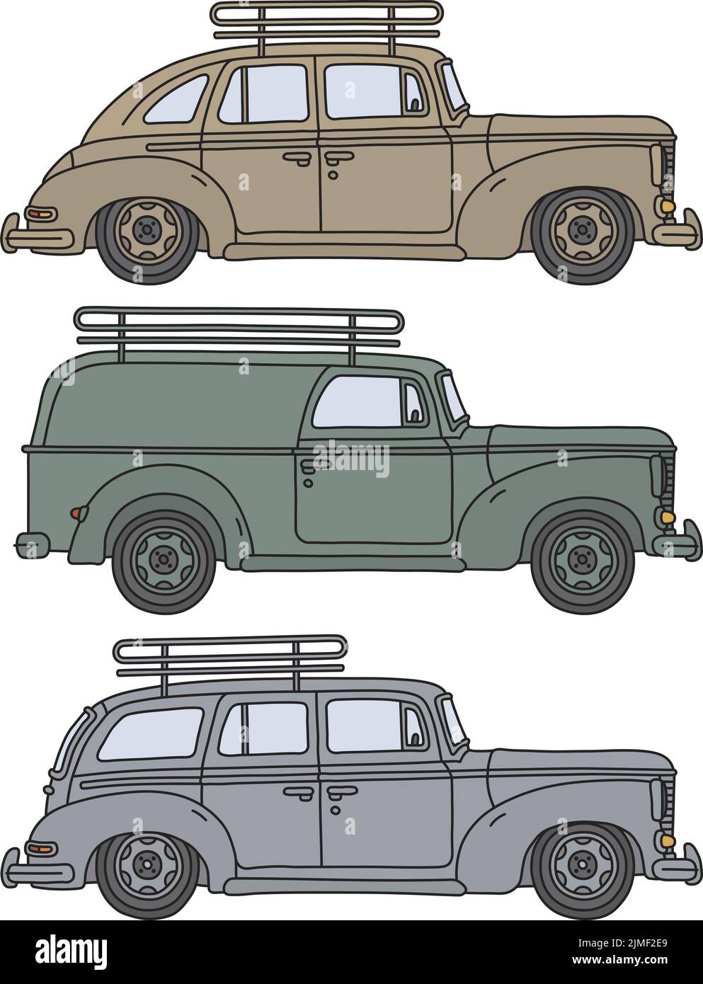 The vectorized hand drawing of three retro military personal cars Stock ...