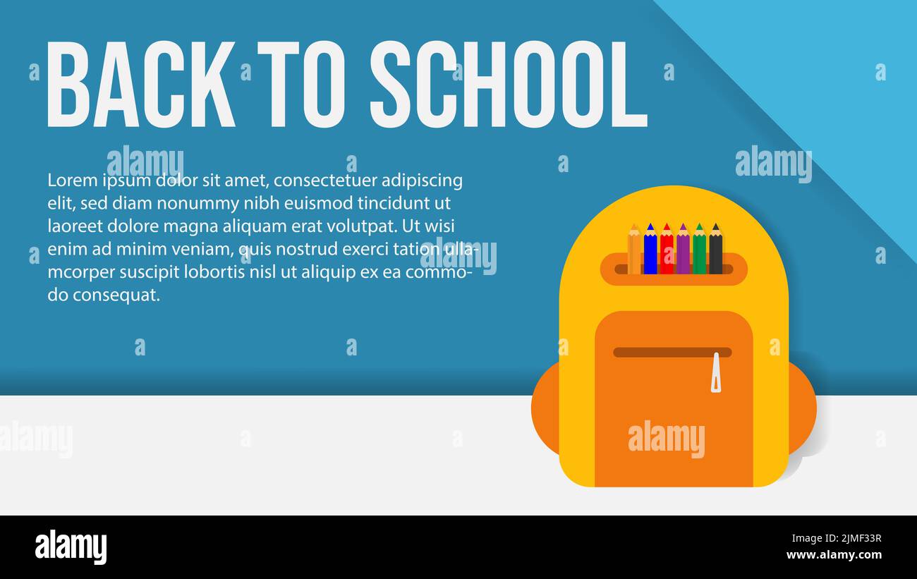 flat design school bag with copy space blue color illustration vector ...