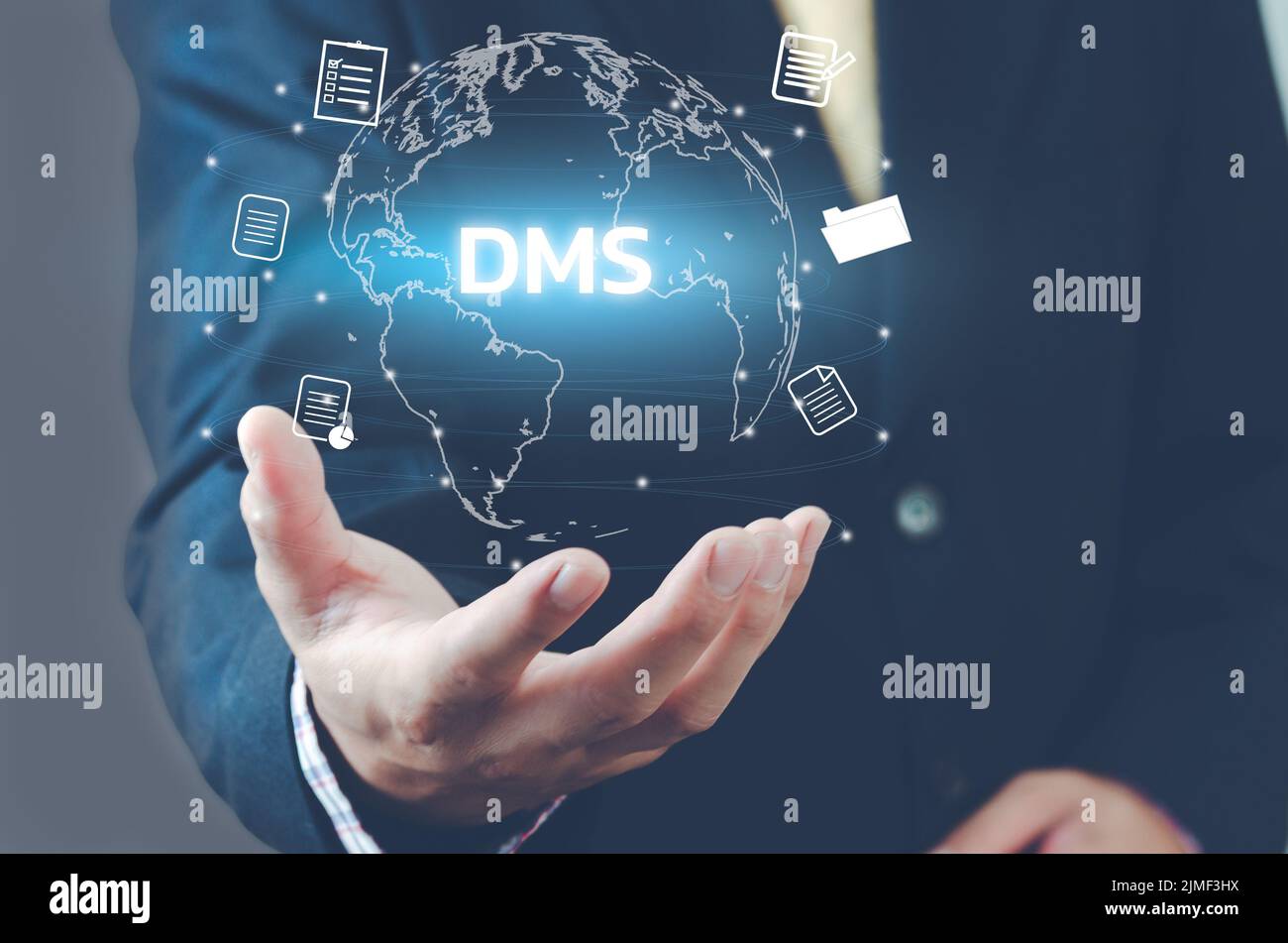 Businessman hand world virtual screen DMS document management system ...