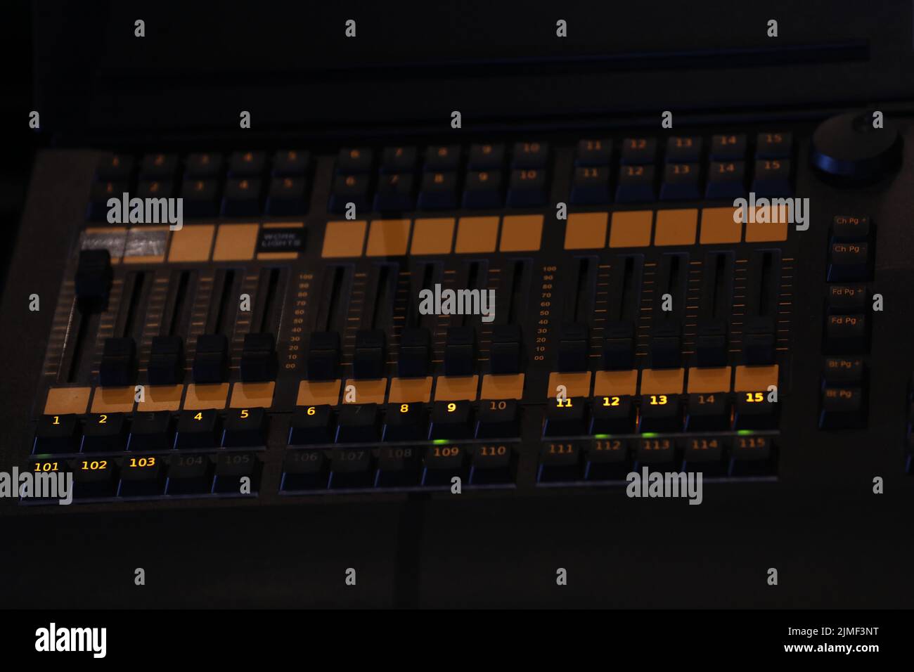 Audio mixer and microphone in blue color. Close-up of the Mixing ...