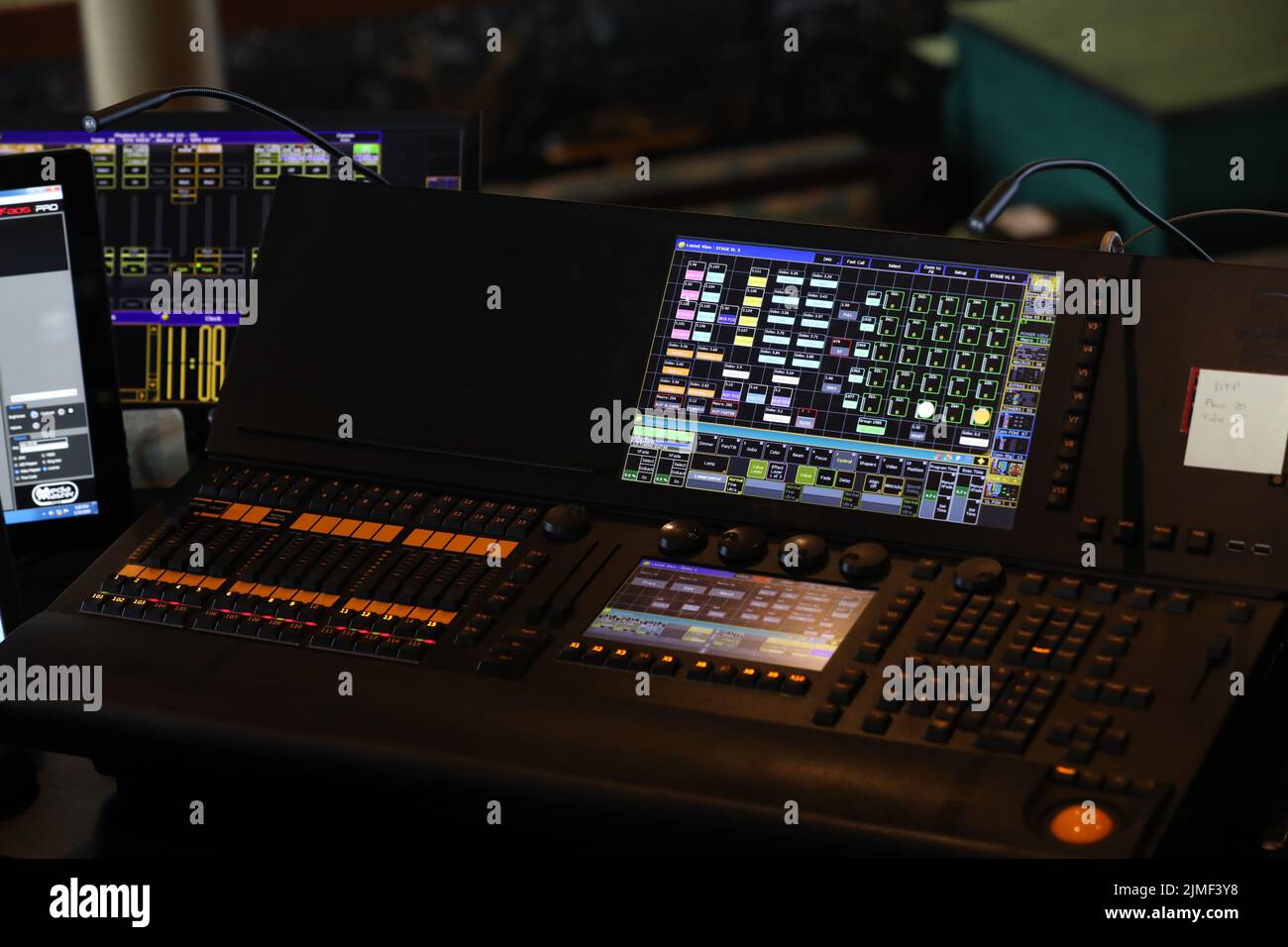 Professional sound and audio mixer control panel with buttons and ...