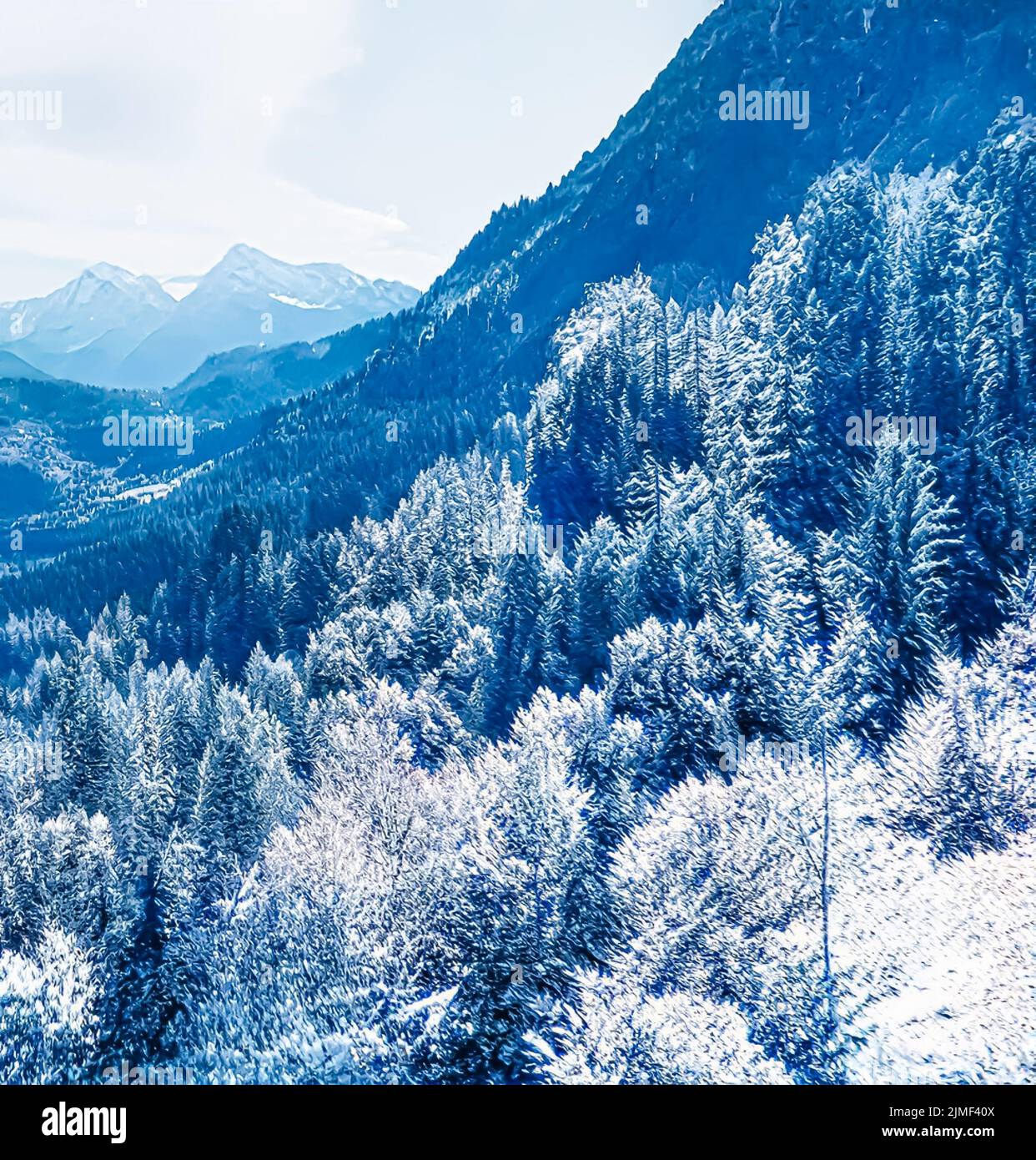 Winter wonderland and magical Christmas landscape. Snowy mountains and ...