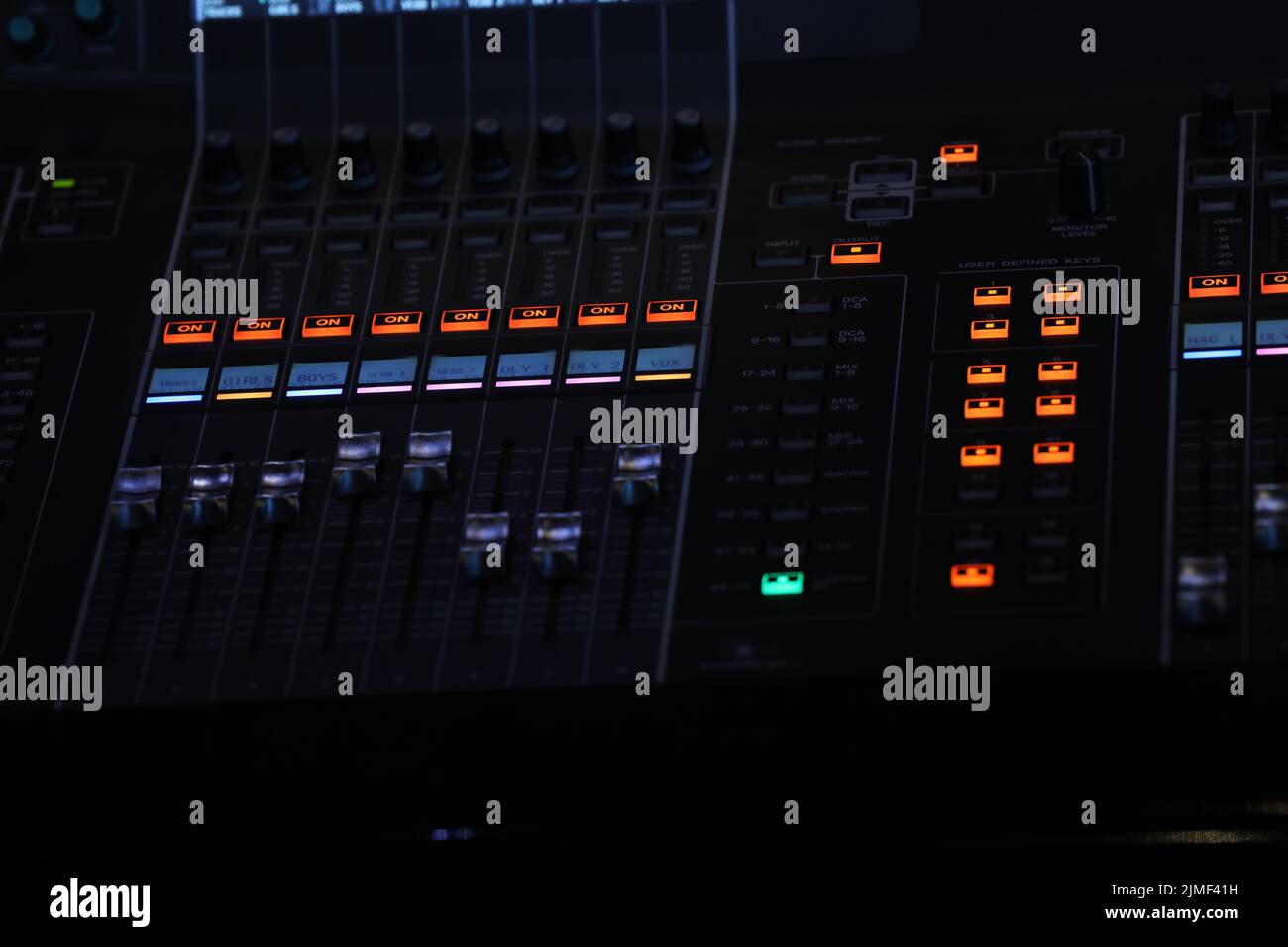 Professional sound and audio mixer control panel with buttons and ...