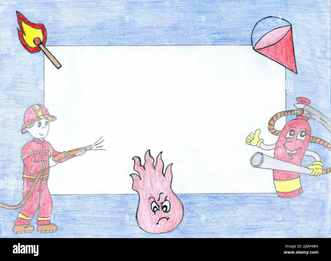 Illustration of the work of a firefighter. Children's pencil drawing ...