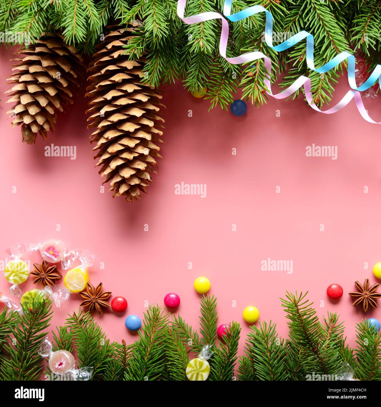 Flat lay design of Christmas greeting card of fir twigs cones, paper ...