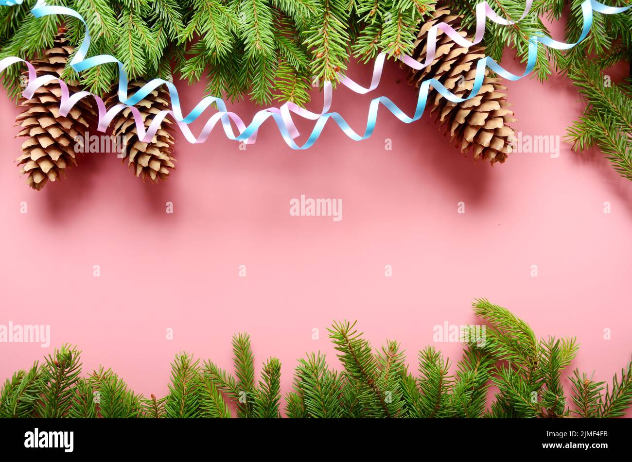 Flat lay design of Christmas greeting card of fir twigs cones and paper ...