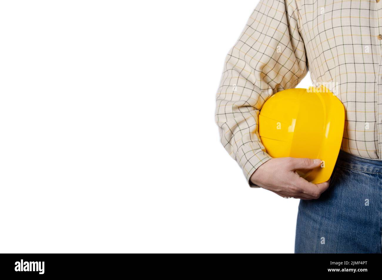 Middle aged caucasian contractor weared in blue jeans and shirt holds ...