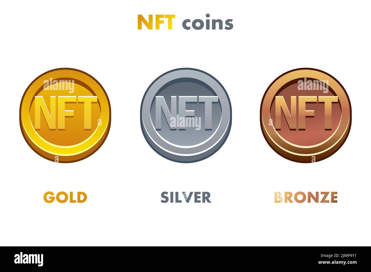 NFT coins in different metals. Gold, silver and bronze coins ...