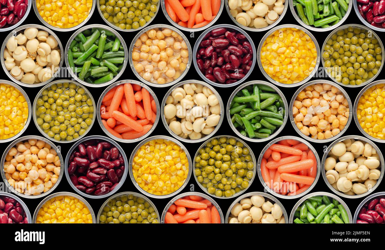 Seamless food background made of opened canned food Stock Photo - Alamy
