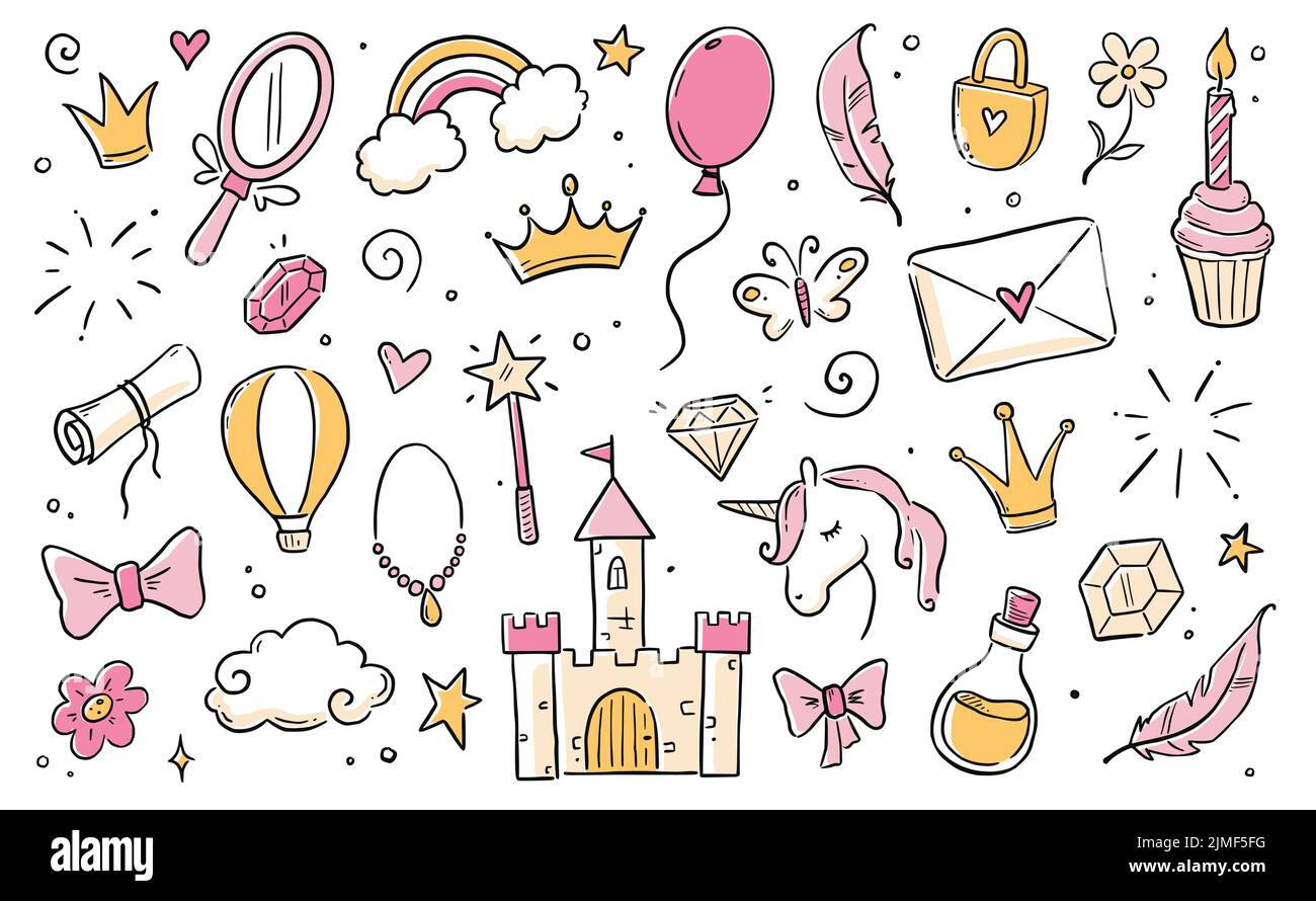 Hand drawn princess doodle set. Beauty cute girl princess accessories ...