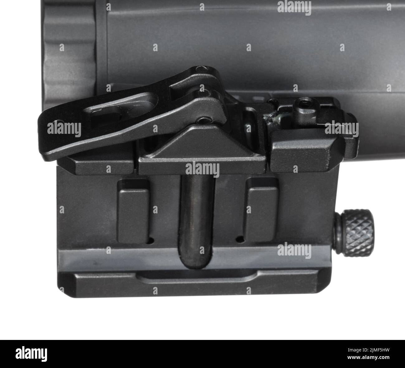 Locking base on a gun scope magnifier isolated on white Stock Photo - Alamy