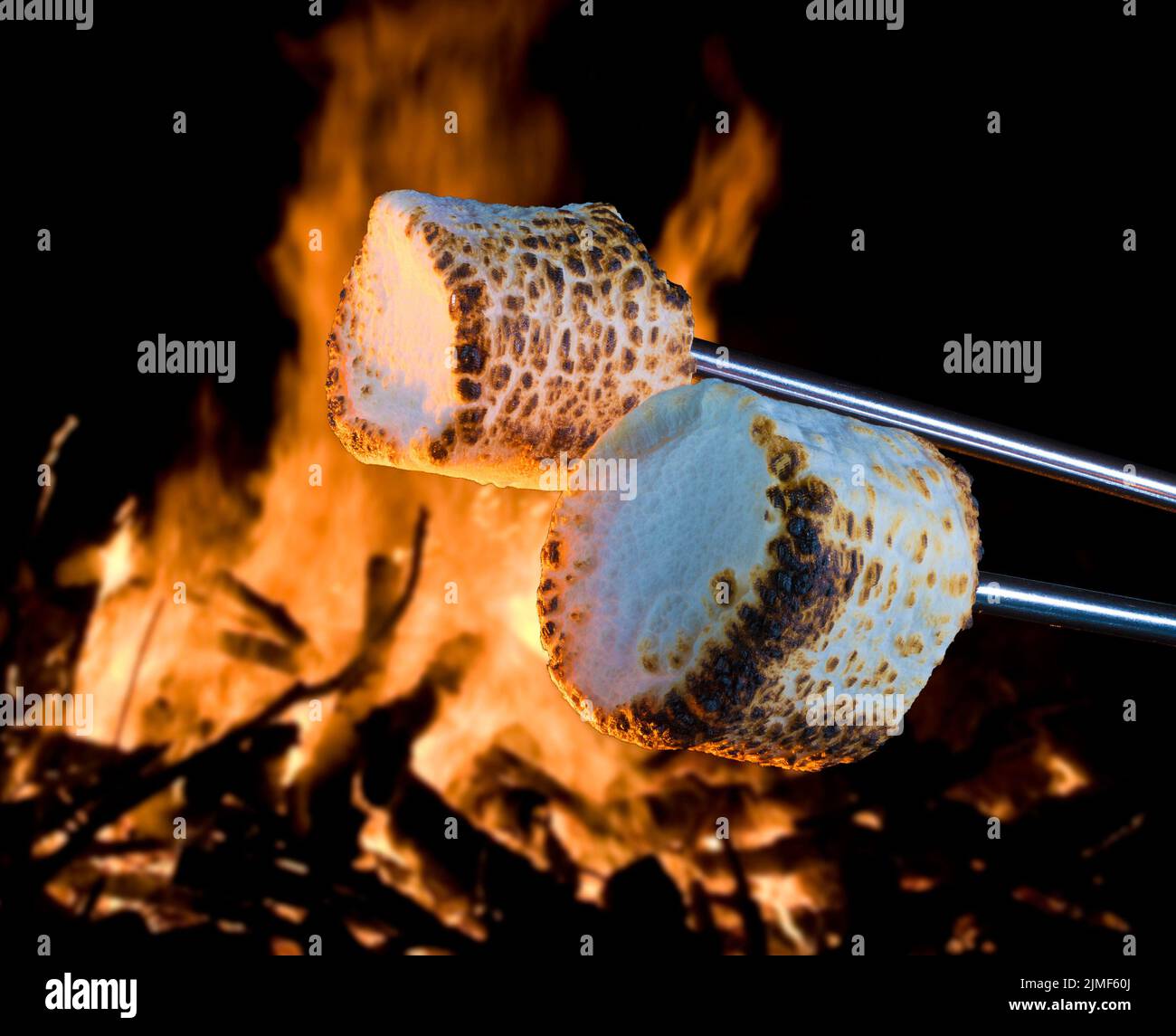 Two marshmallows being roasted over a campfire to make smores Stock ...