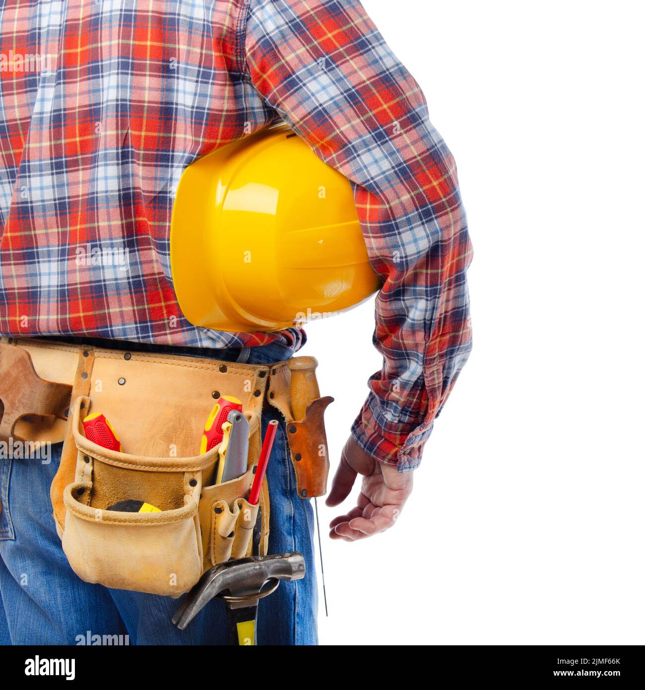 Middle aged caucasian contractor with tool belt holds yellow hard hat ...