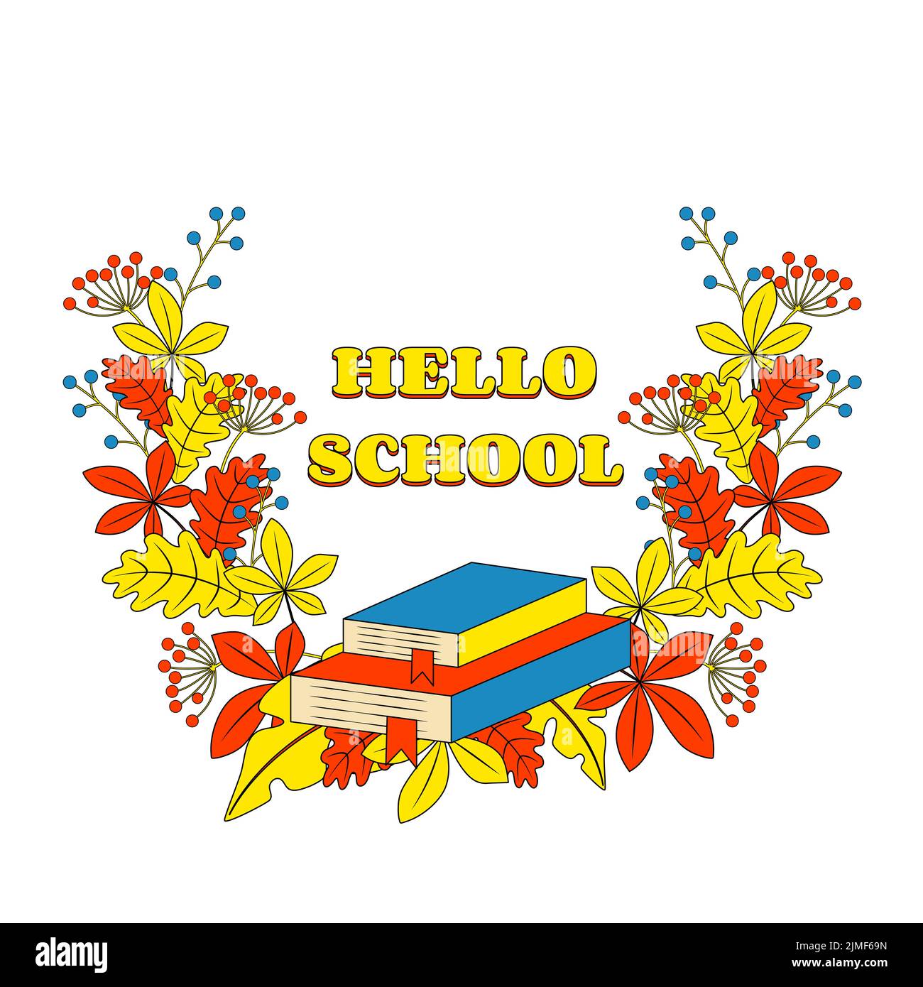 Hello School Lettering Wreath of Autumn Leaves with Books Stock Vector ...