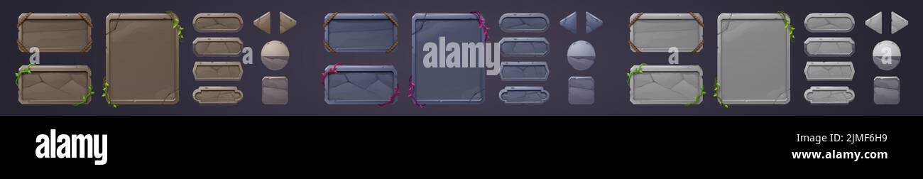 Stone game menu boards with vines, rope and leaves. Tablets, buttons, cartoon interface plaques ...