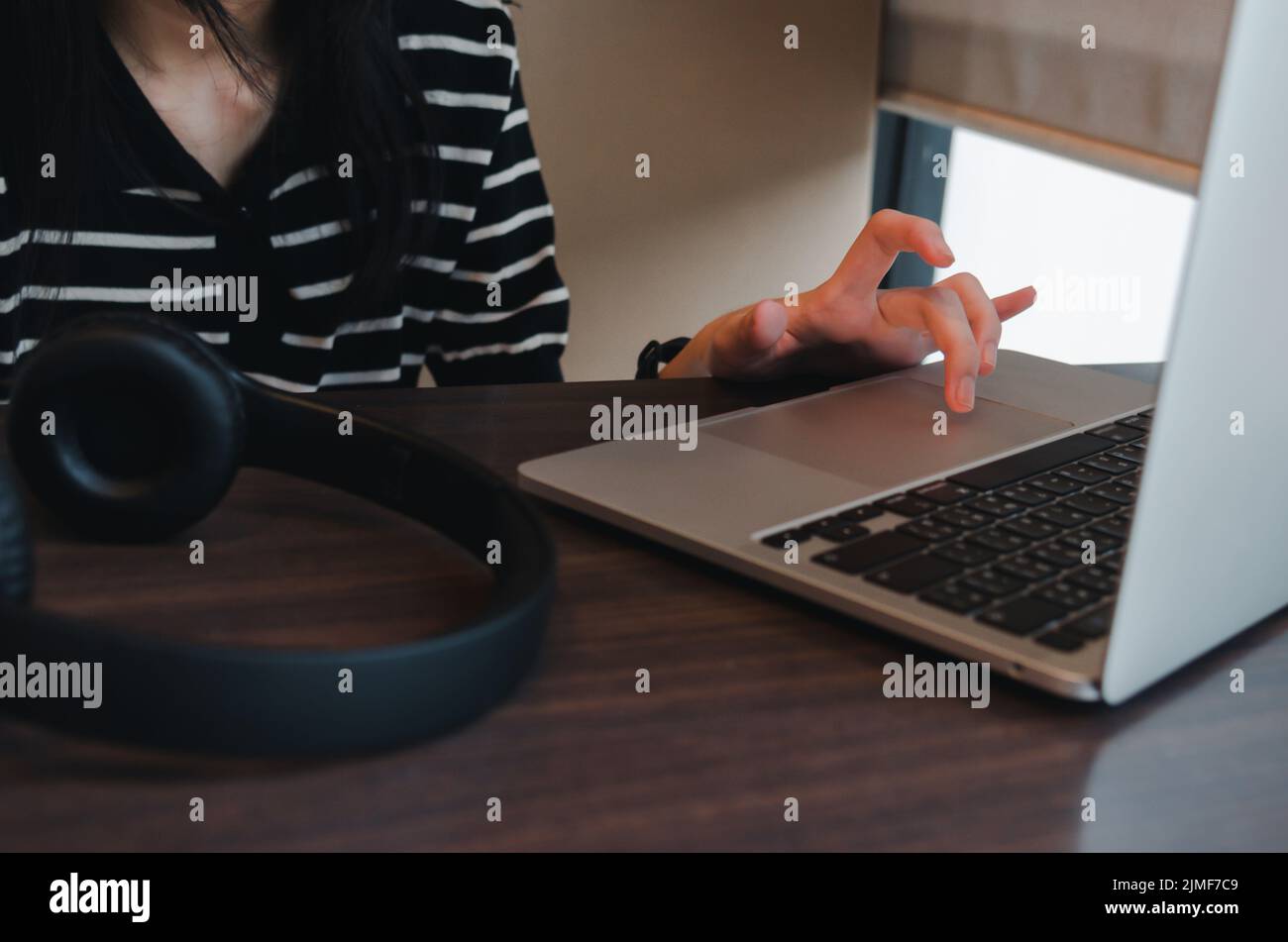 close up hand girl typing keyboard computer laptop digital online ...