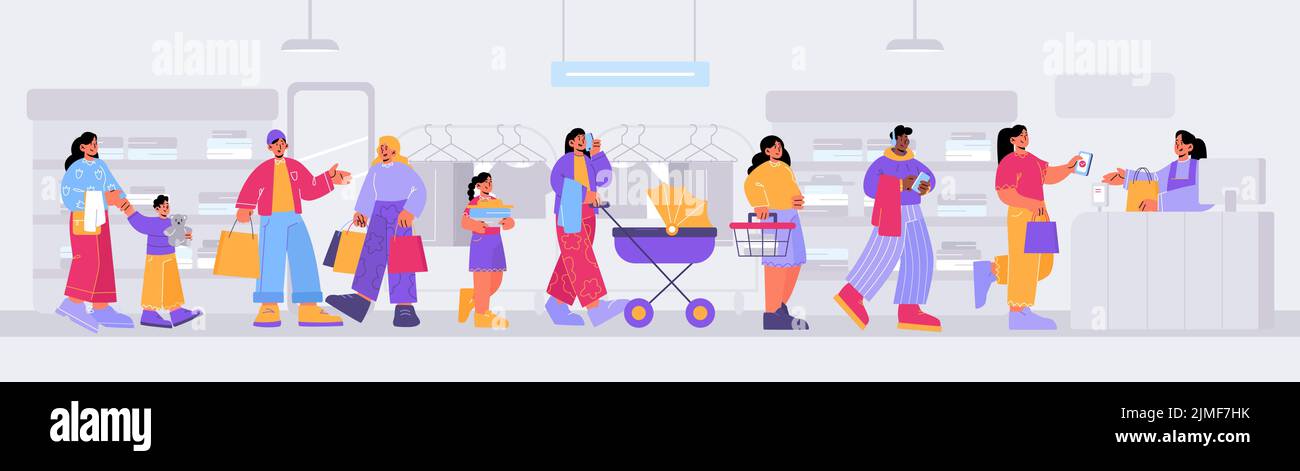 Fashion store with people waiting in queue, cashier at counter, clothes ...