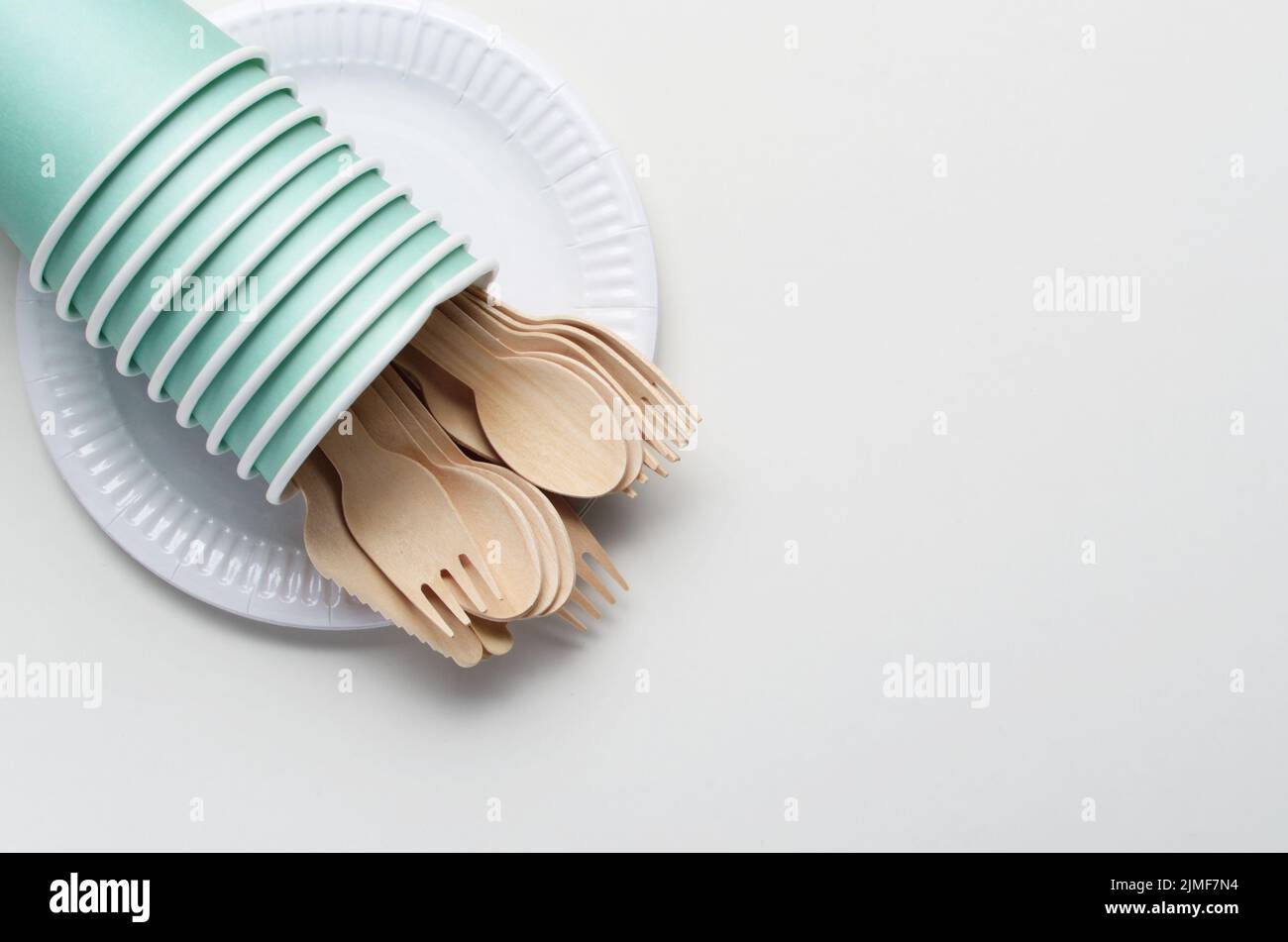 Wooden single use kitchenware and paper cups and plates on white. Top ...