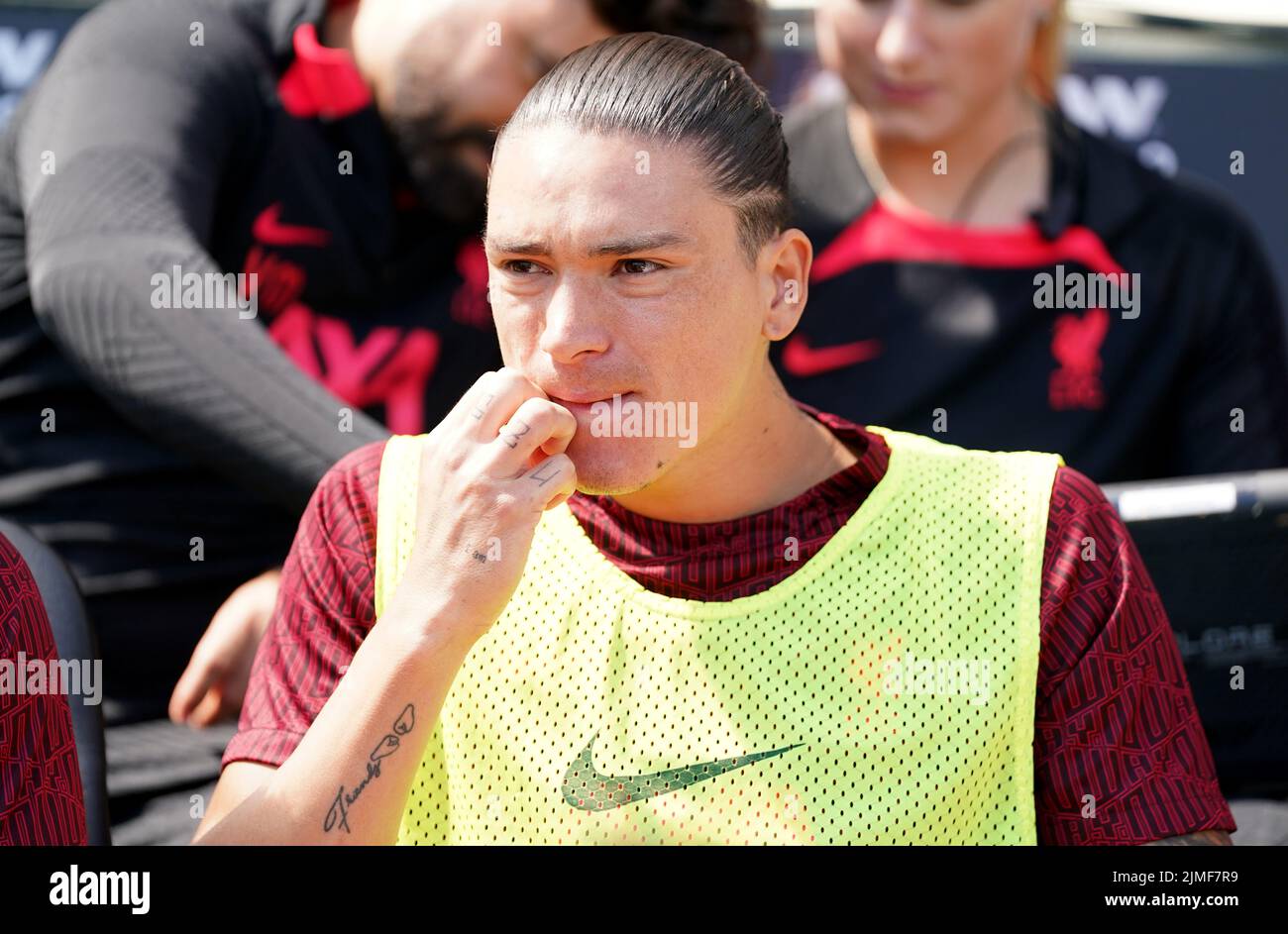 Liverpool's Darwin Nunez on the substitute's bench before the Premier ...