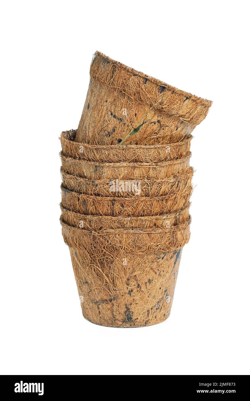 Several biodegradable plant pots made from coconut fibre isolated on white background cut out ...