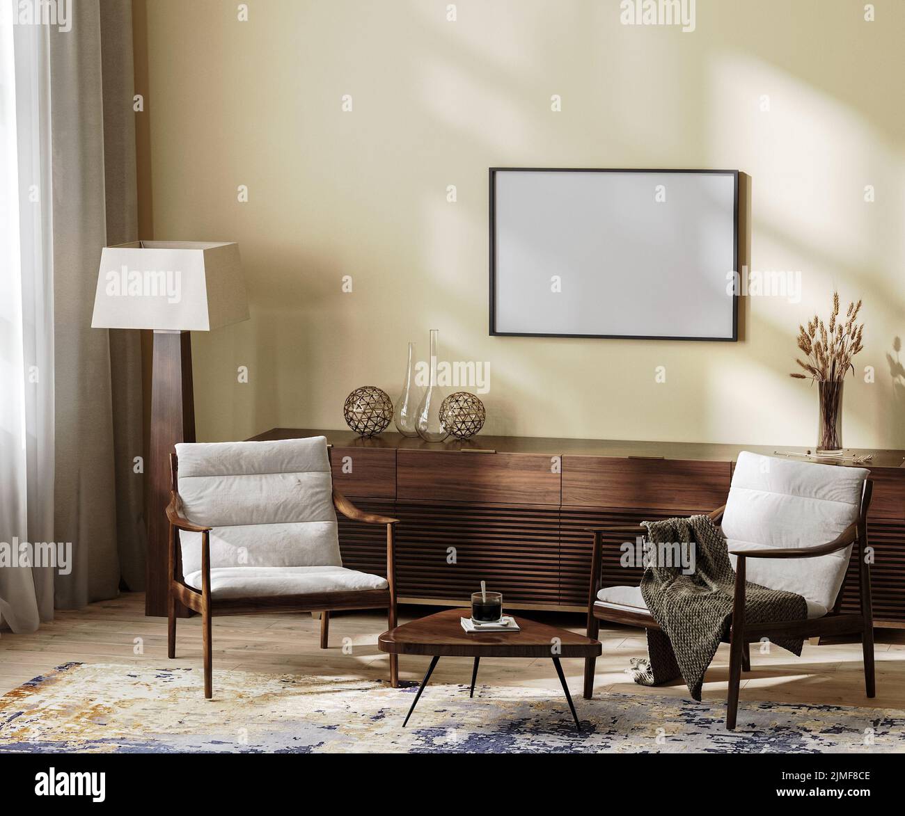 Horizontal frame mock up in living room interior background in beige ...