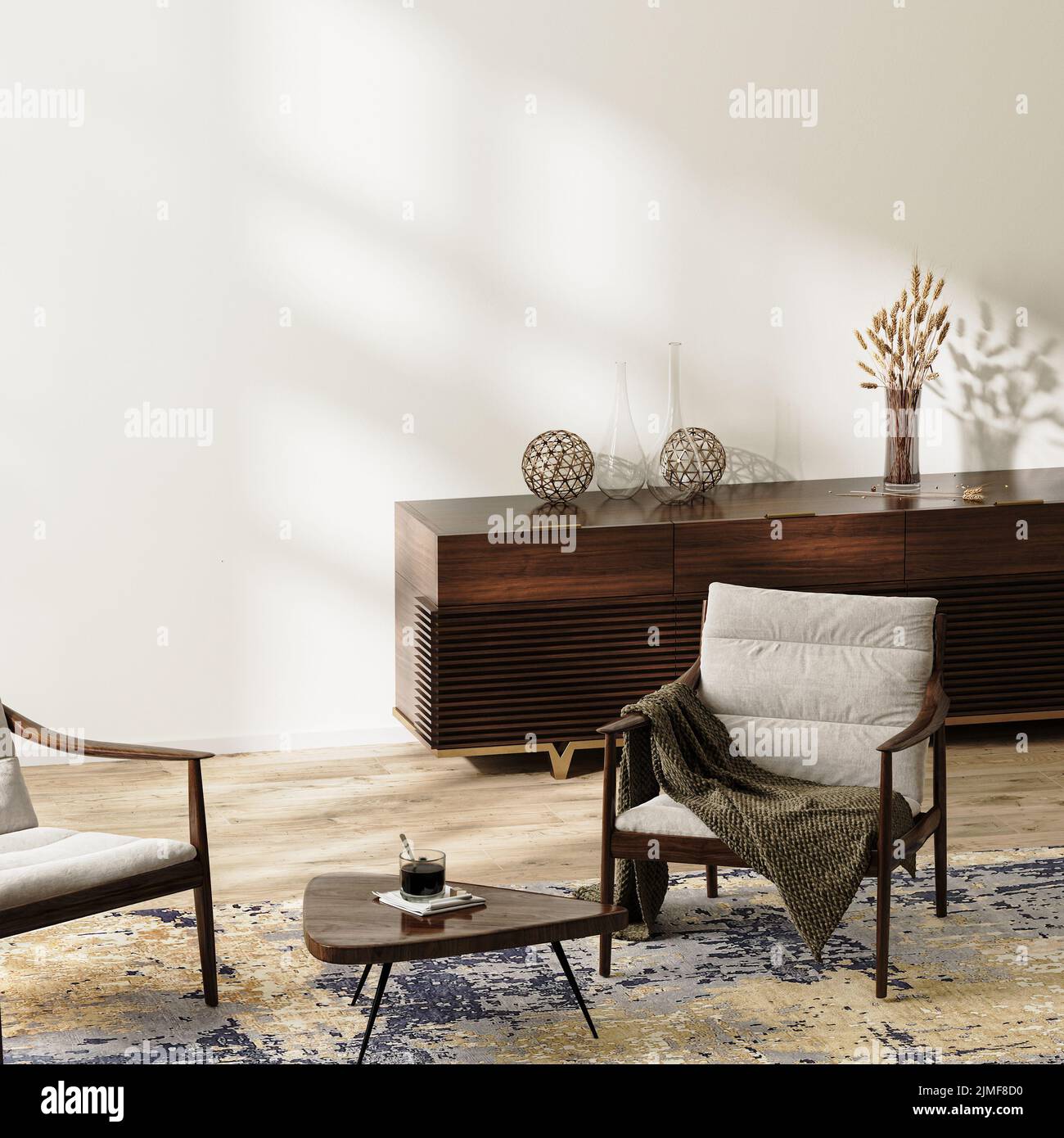 Modern living room background, home interior with dark wooden furniture ...