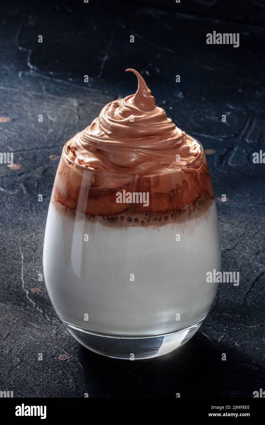 Dalgona cold coffee. Trendy Korean drink with instant coffee and cream ...