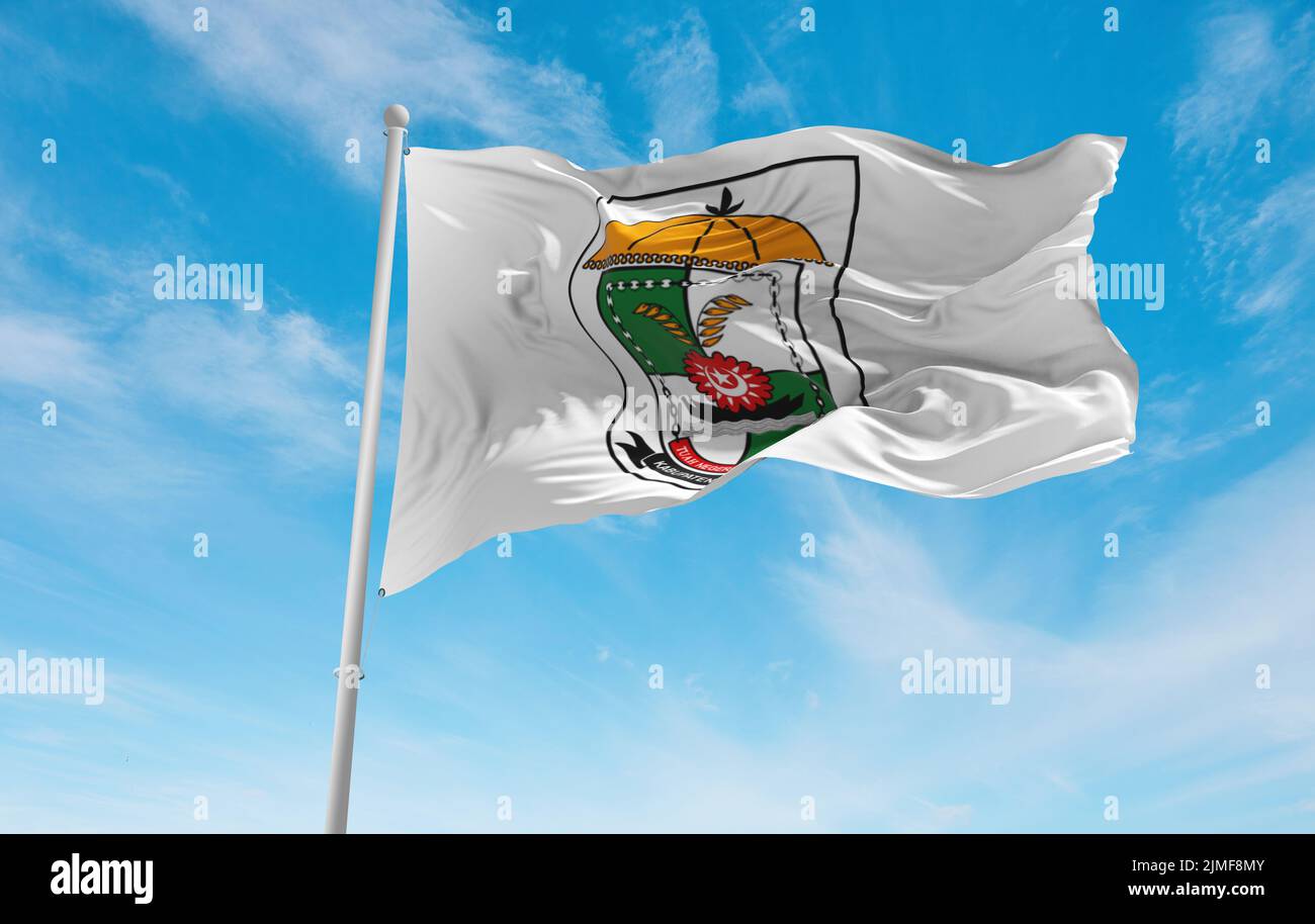 official flag of Pelalawan Regency Indonesia at cloudy sky background ...