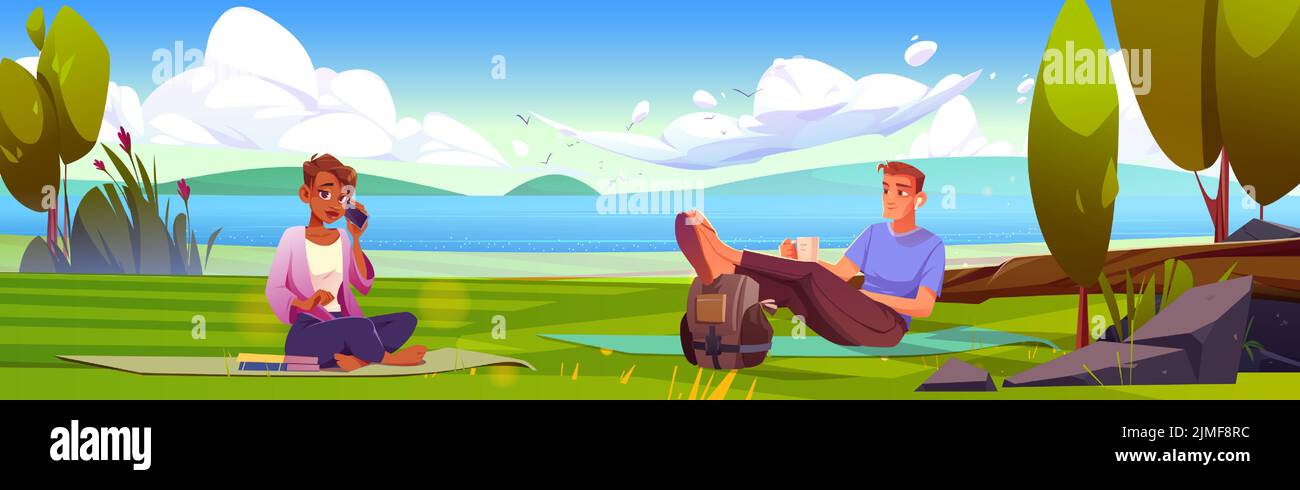Man and woman relax on green lawn at lake shore. Cartoon nature ...