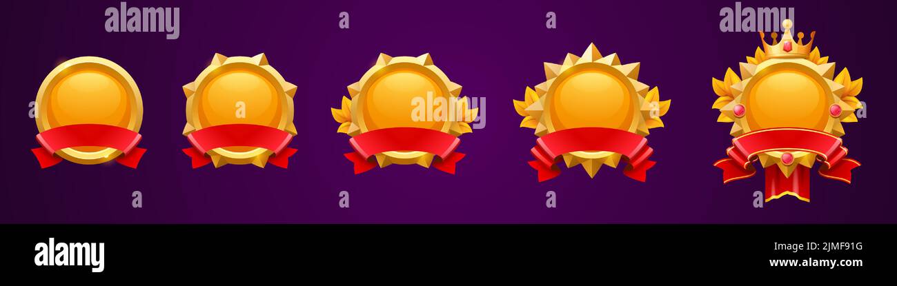 Golden game avatar frames with red ribbons. Award badges, level ui ...