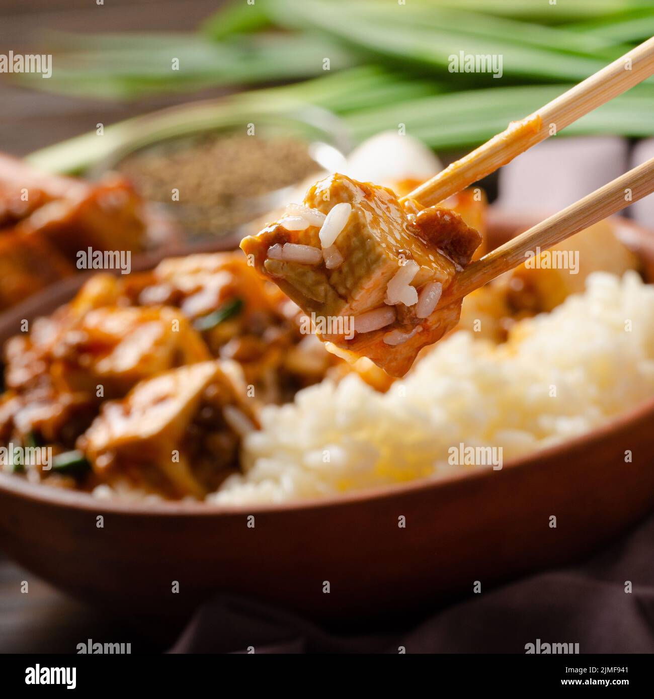 Traditional Chinese food mapo tofu dish with pork and steamed rice ...