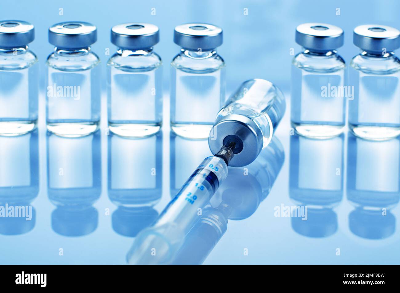 Vial with liquid drug as vaccine dose flu shot along with syringe for ...