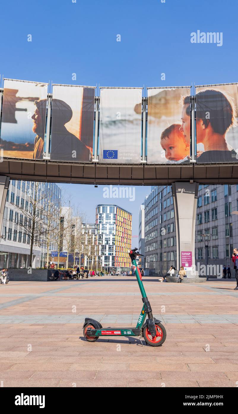 Brussels , Belgium - March 24, 2022: Street view with electric step ...