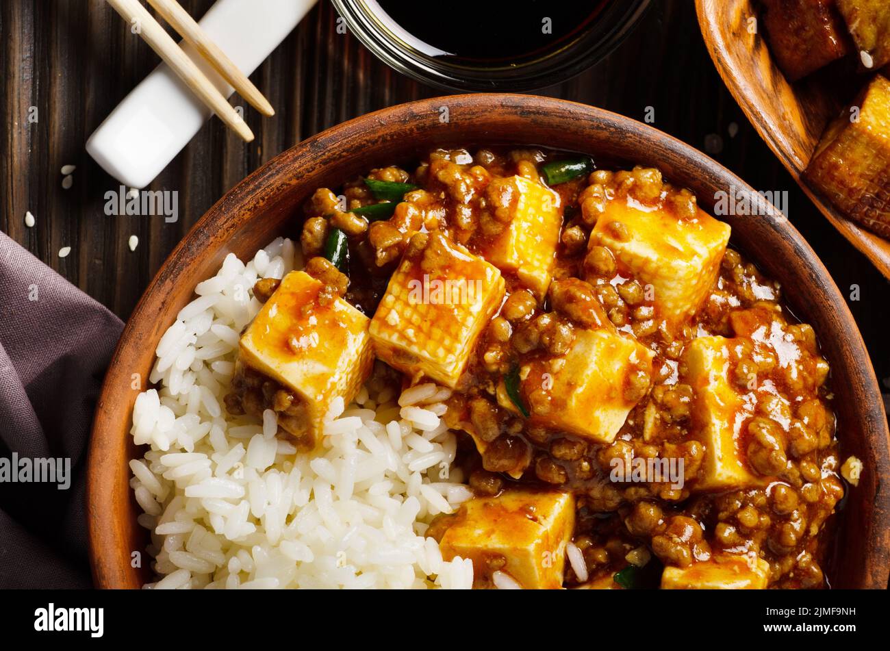 Flat lay view at authentic traditional Chinese food mapo tofu dish with ...