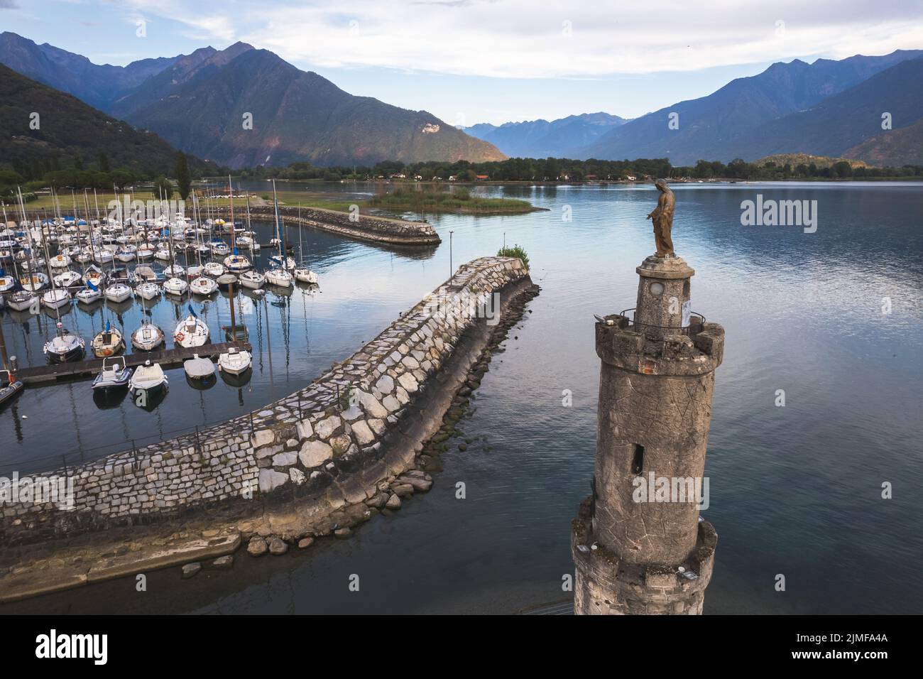 Aerial view of Lake of Como in Port of Gera Lario. Harbor entrance with ...