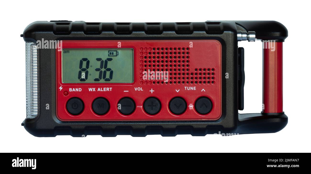Emergency weather radio with the clock function on isolated on white ...