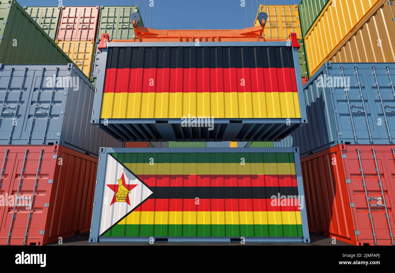 Cargo containers with Germany and Zimbabwe national flags. 3D Rendering ...