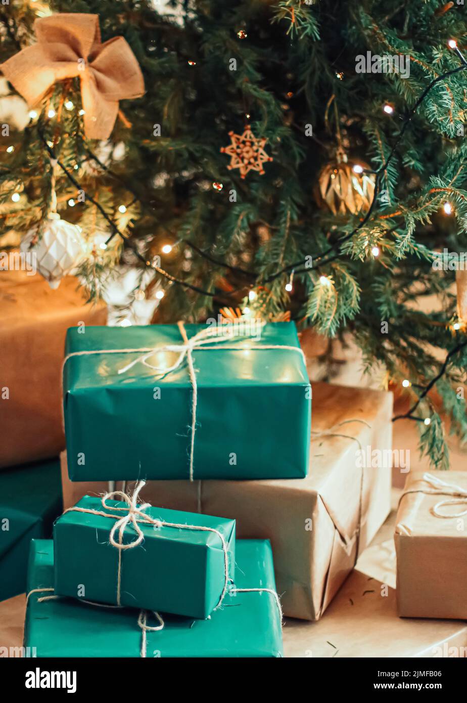 Christmas holiday delivery and sustainable gifts concept. Green blue ...