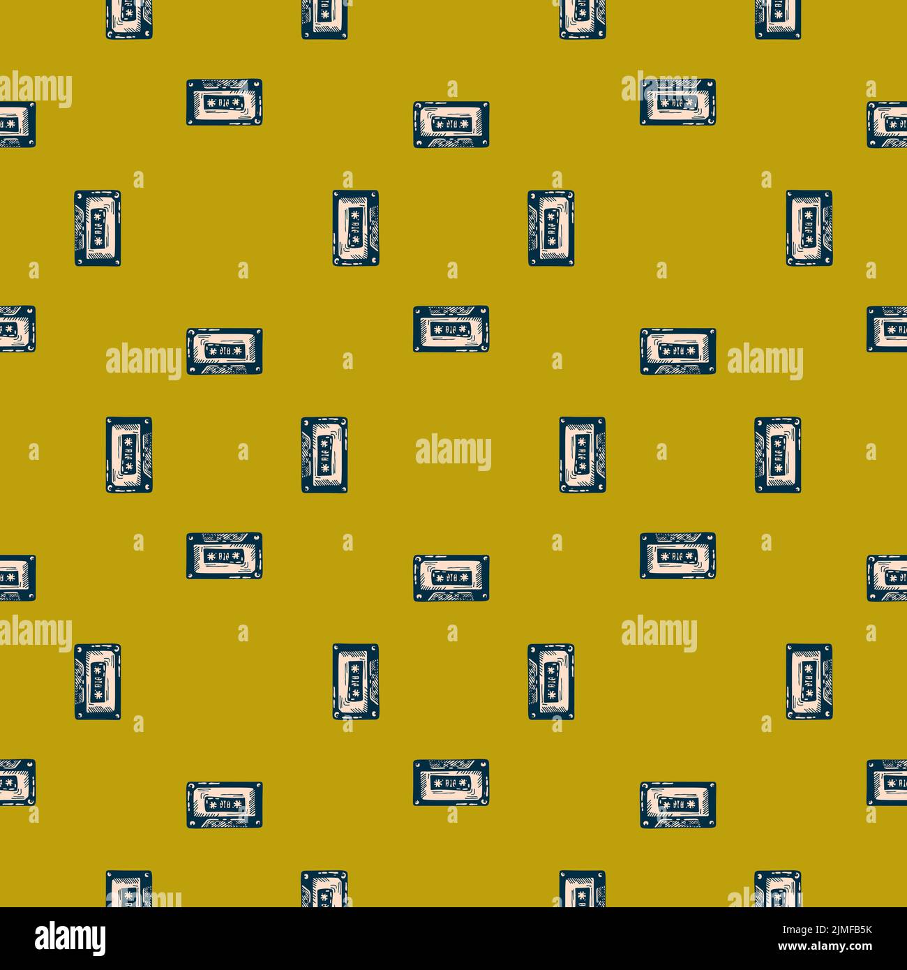 Audio cassette tape engraved seamless pattern. Vintage music cassette ...